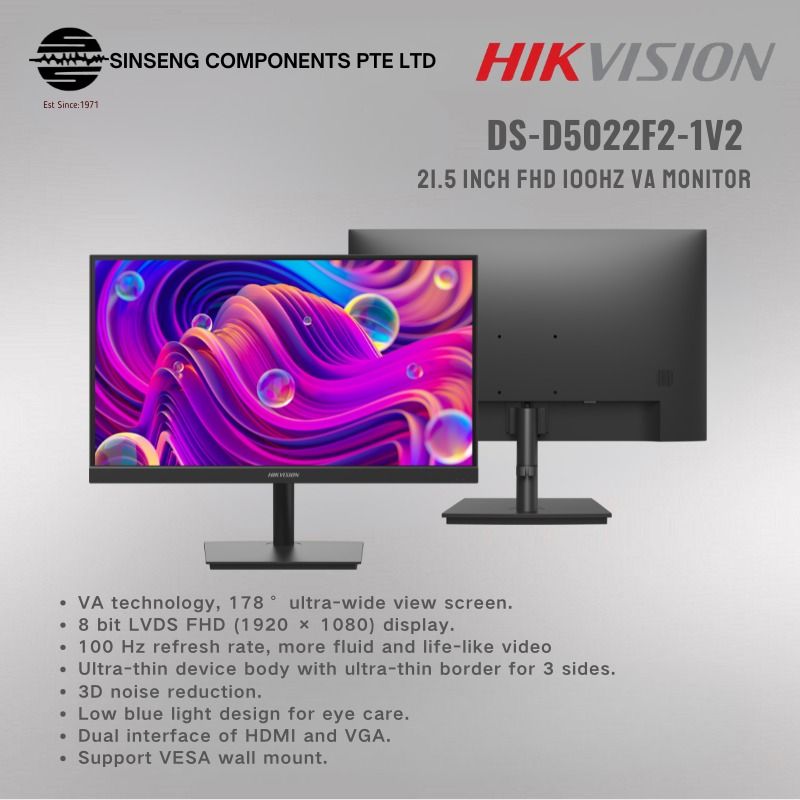 Hikvision 21.5 inch FHD 100Hz VA 22 inch Monitor with Dual interface of ...