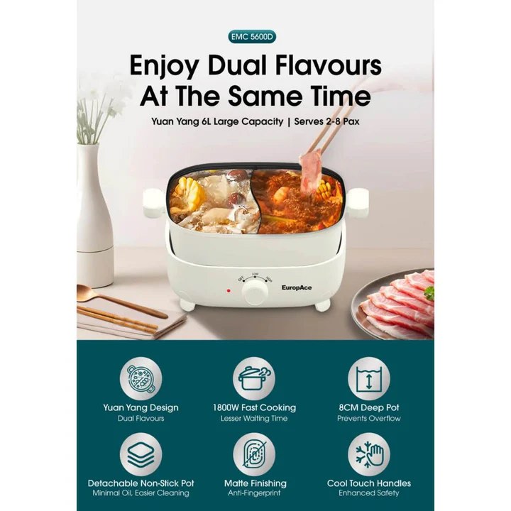 EuroAce 6L 1800W Non-Stick Yuan Yang Hotpot - Ivory (EMC5600D), TV ...