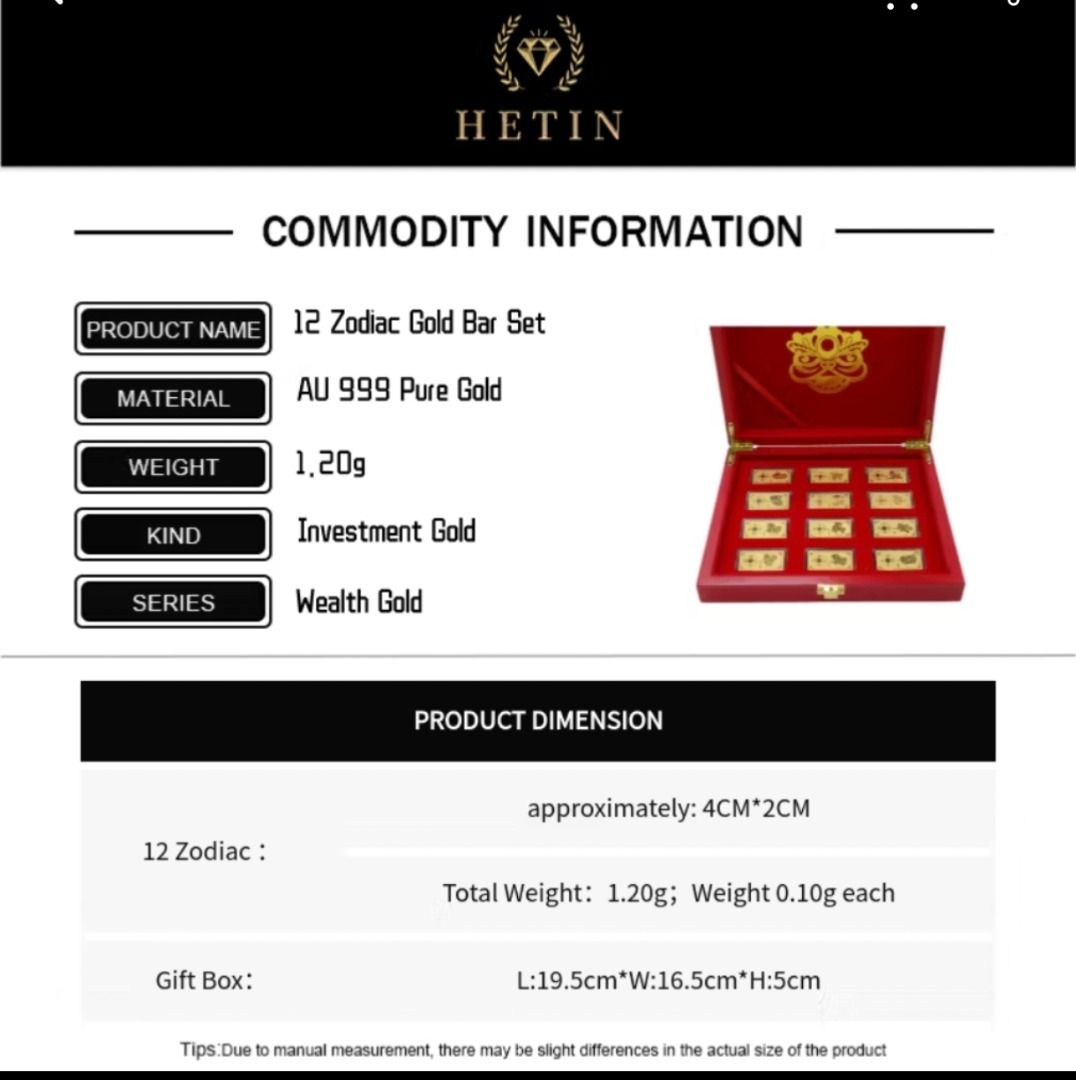 HETIN 12 pieces Zodiac signs set 1.20g of 999/24K pure gold Ingots ...