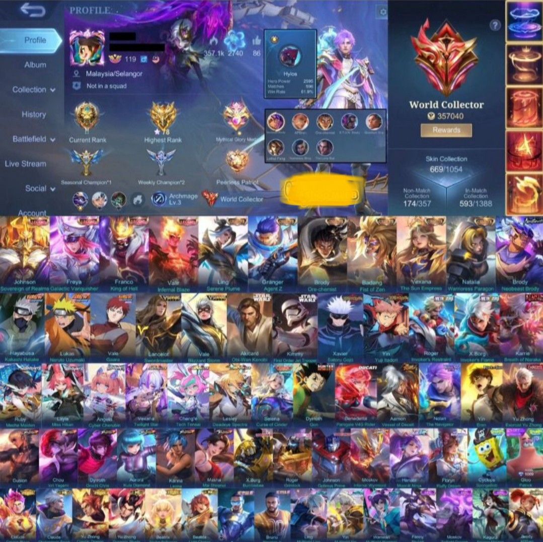 🔥Mobile Legends Account🔥 - World Collector , 669 Skins , 4 legends, 6 ...