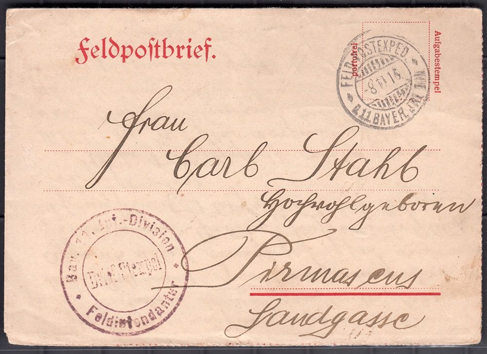 1916 Field Letter showing circular "Bay. 11 Inf-Division ...