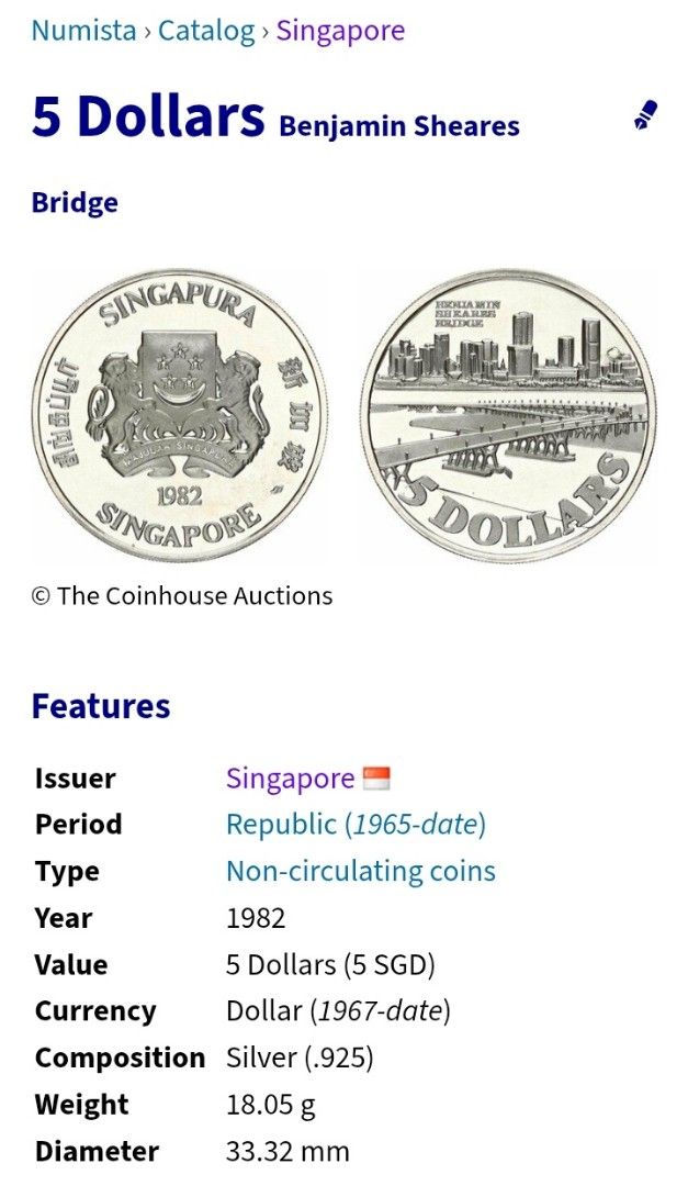 1982 Singapore S$5 Benjamin Sheares Bridge Silver Proof PF68 Ultra ...