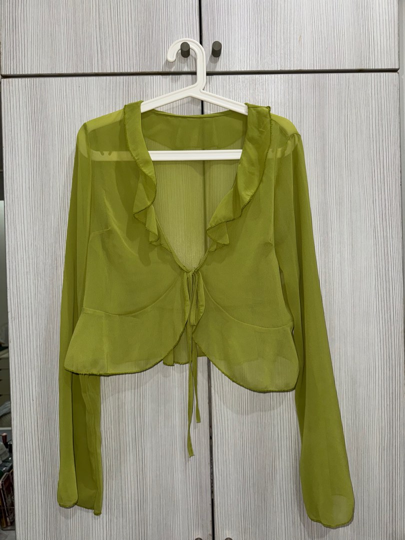 Green Sheer Ruffle Top, Women's Fashion, Tops, Blouses on Carousell