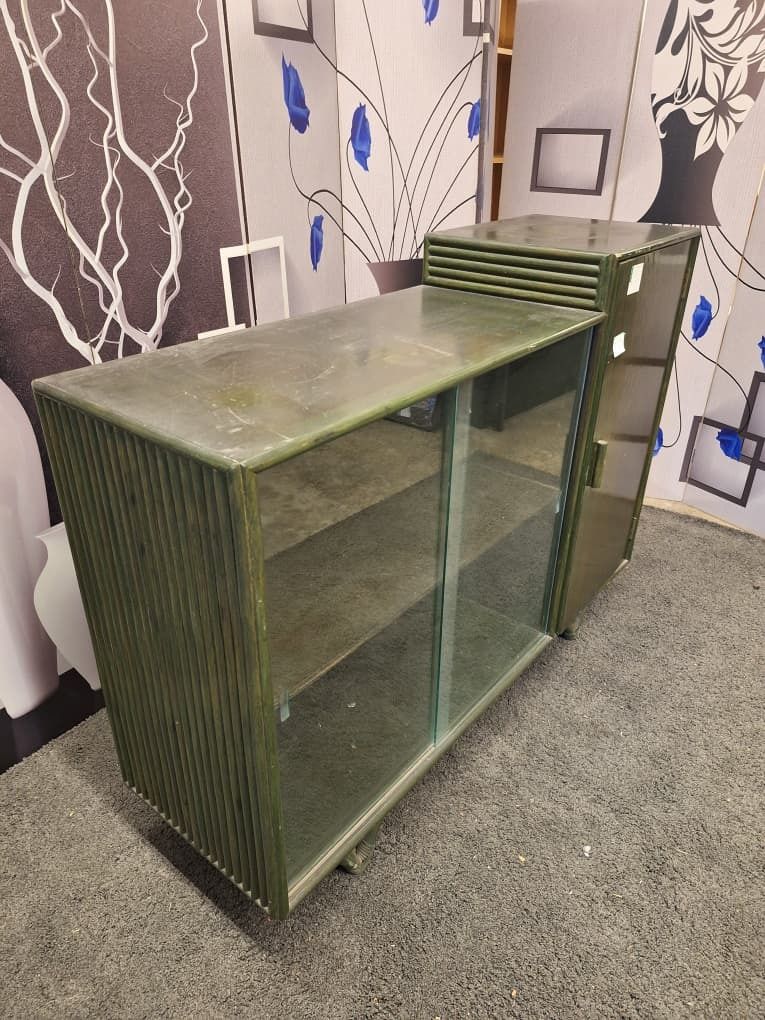 Vintage Wooden Low Cabinet with Glass Sliding Door | Kabinet Rendah ...