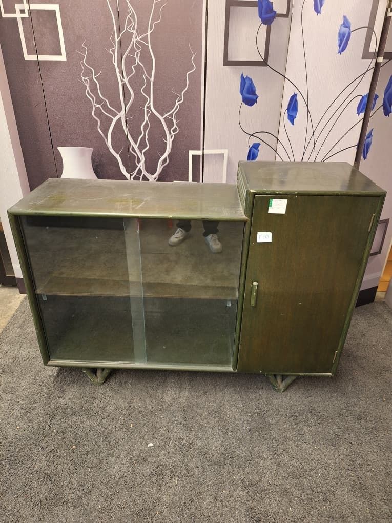 Vintage Wooden Low Cabinet with Glass Sliding Door | Kabinet Rendah ...