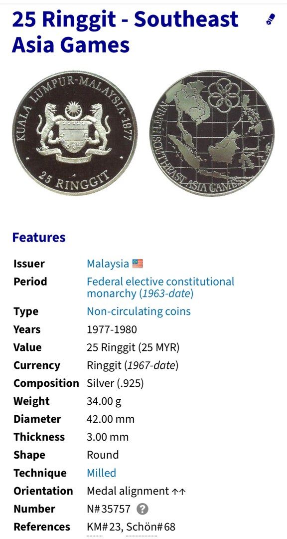 1977 Malaysia 25 Ringgit Silver Coin - 9th SEA Games, Hobbies & Toys ...