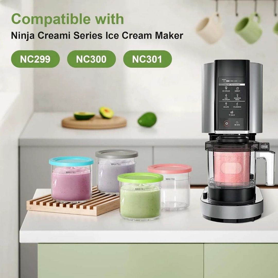 Cream Pint Containers and Lids Compatible with Ninja NC299 NC300 NC301 ...