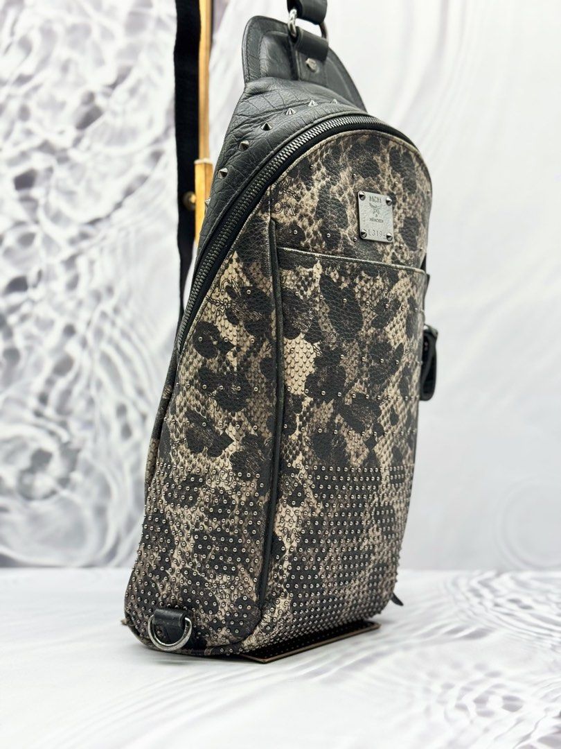 MCM SMALL STARK STUDDED CROSSBODY BAG IN BLACK WITH BROWN SNAKE PRINT ...