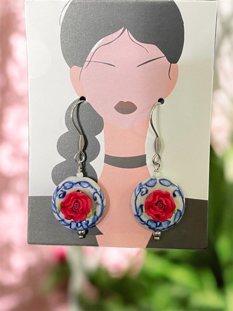 Porcelain Red Rose Earrings, Women's Fashion, Jewelry & Organisers ...