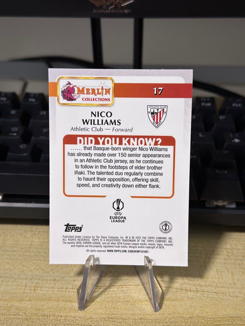 2024-25 Topps Merlin UCC Sparkle Nico Williams, Hobbies & Toys, Toys ...