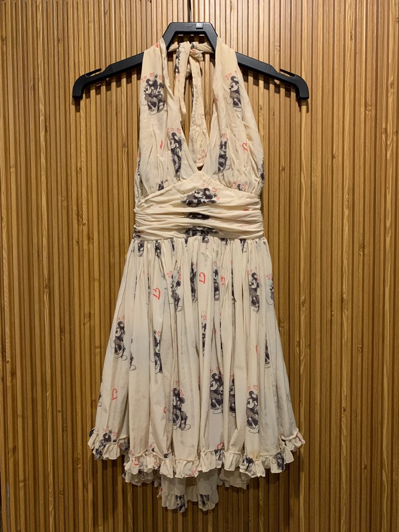 D&G Cream Mickey And Minnie Mouse Print Silk Halter Neck Dress | Dolce ...