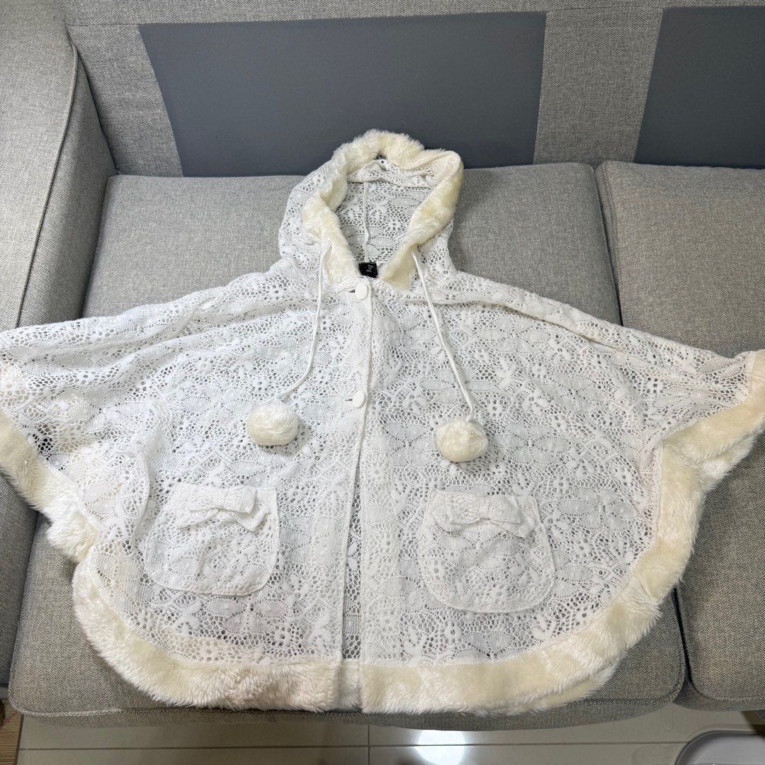 Japan Brand Lace Poncho with Fur Trim and Pom Pom Himekaji Gyaru ...