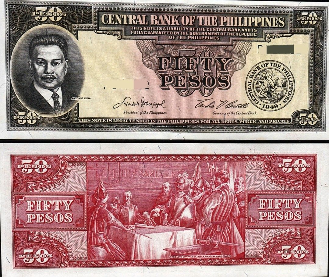 PHILIPPINES 🇵🇭 ENGLISH SERIES 1951 ANTONIO LUNA 50 PESOS Old Banknote ...