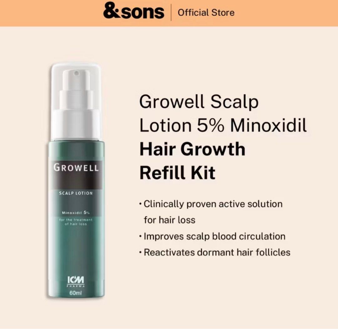 SEALED Growell Scalp Lotion 5% Minoxidil Hair Growth Refill Kit, Beauty ...