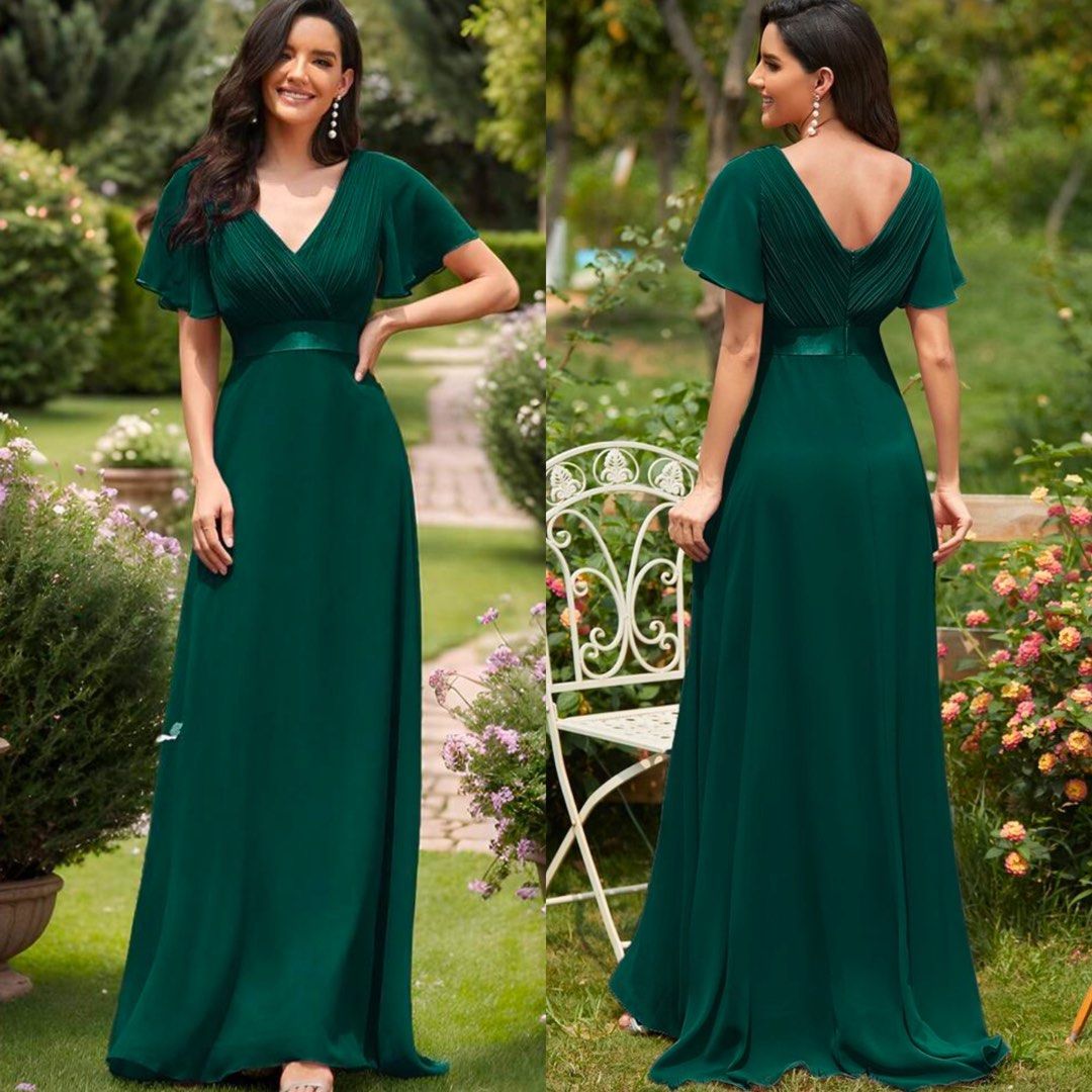 SHEIN EVER PRETTY emerald green Spring Elegant V-Neck Ruffle Butterfly ...