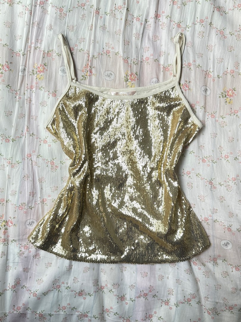 vintage y2k gold sequin thrifted top, Women's Fashion, Tops, Sleeveless ...