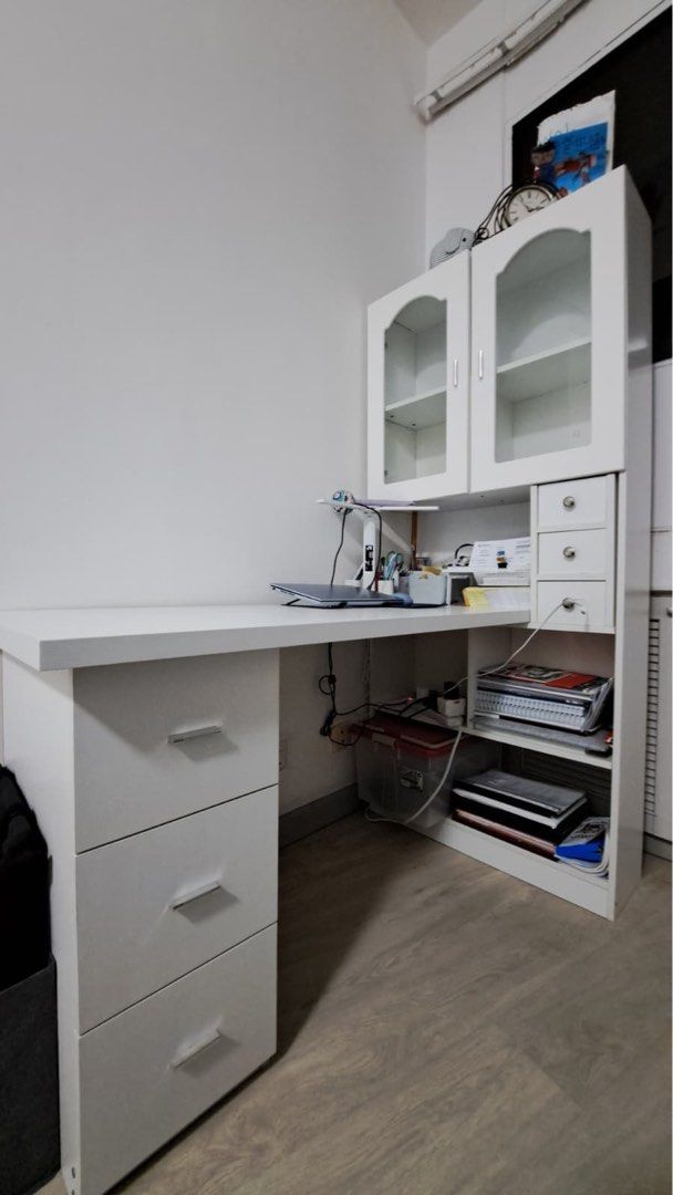 Blessing: White L shape study table desk cabinet, Furniture & Home ...