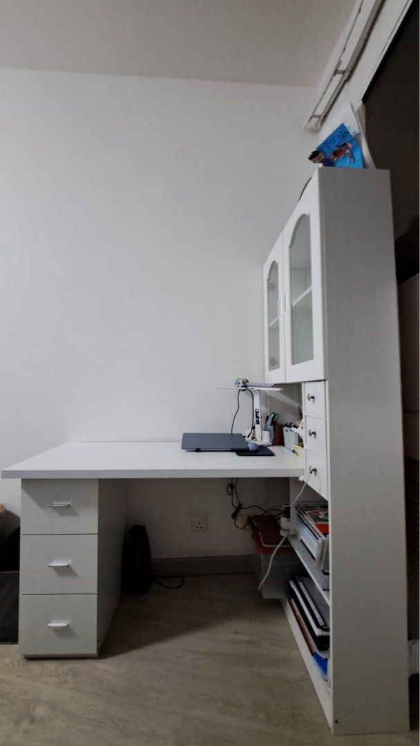 Blessing: White L shape study table desk cabinet, Furniture & Home ...