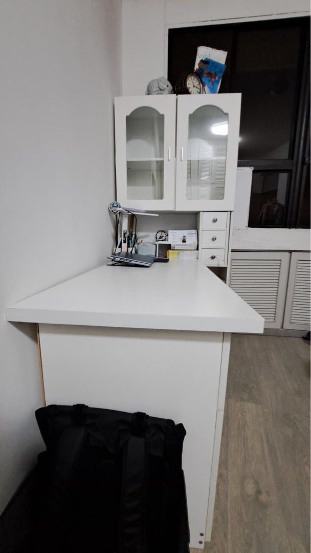 Blessing: White L shape study table desk cabinet, Furniture & Home ...