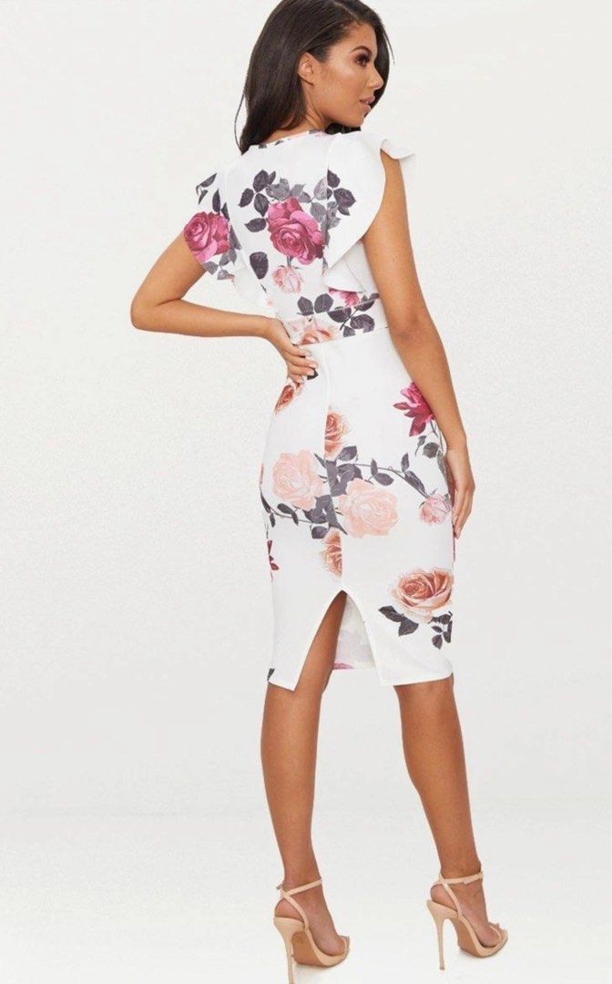 🌸 PRETTYLILTHING White Floral Print Frill Detail Midi Dress 🌸, Women's ...