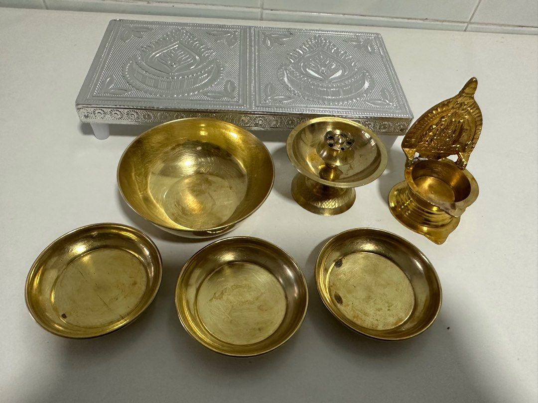 Brass Pooja Items Set, Hobbies & Toys, Religious Items on Carousell