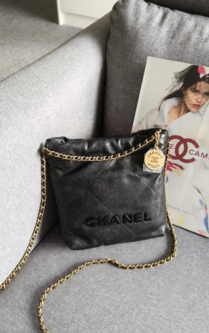 Chanel 22 bag Mini So Black Caviar Metal Plate Full Set Receipt, Luxury ...