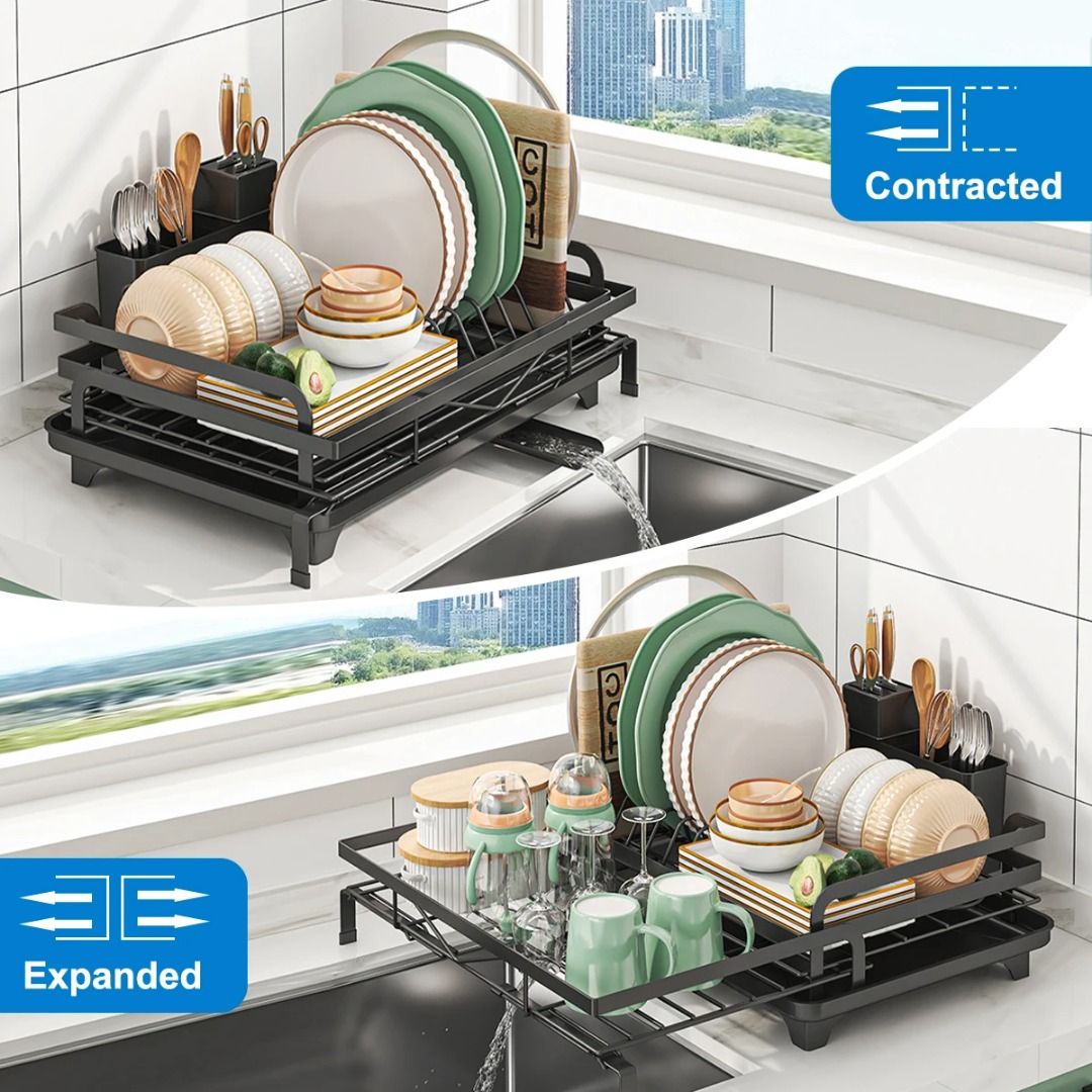 Dish Drainer Rack, Expandable Dish Drying Rack with Cutlery Holder and ...