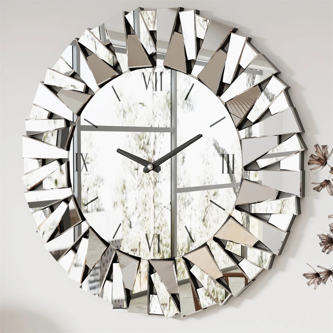 Large Wall Clock 3D Mirrored Clocks Sunburst Edge 32"/80CM Round Roman ...