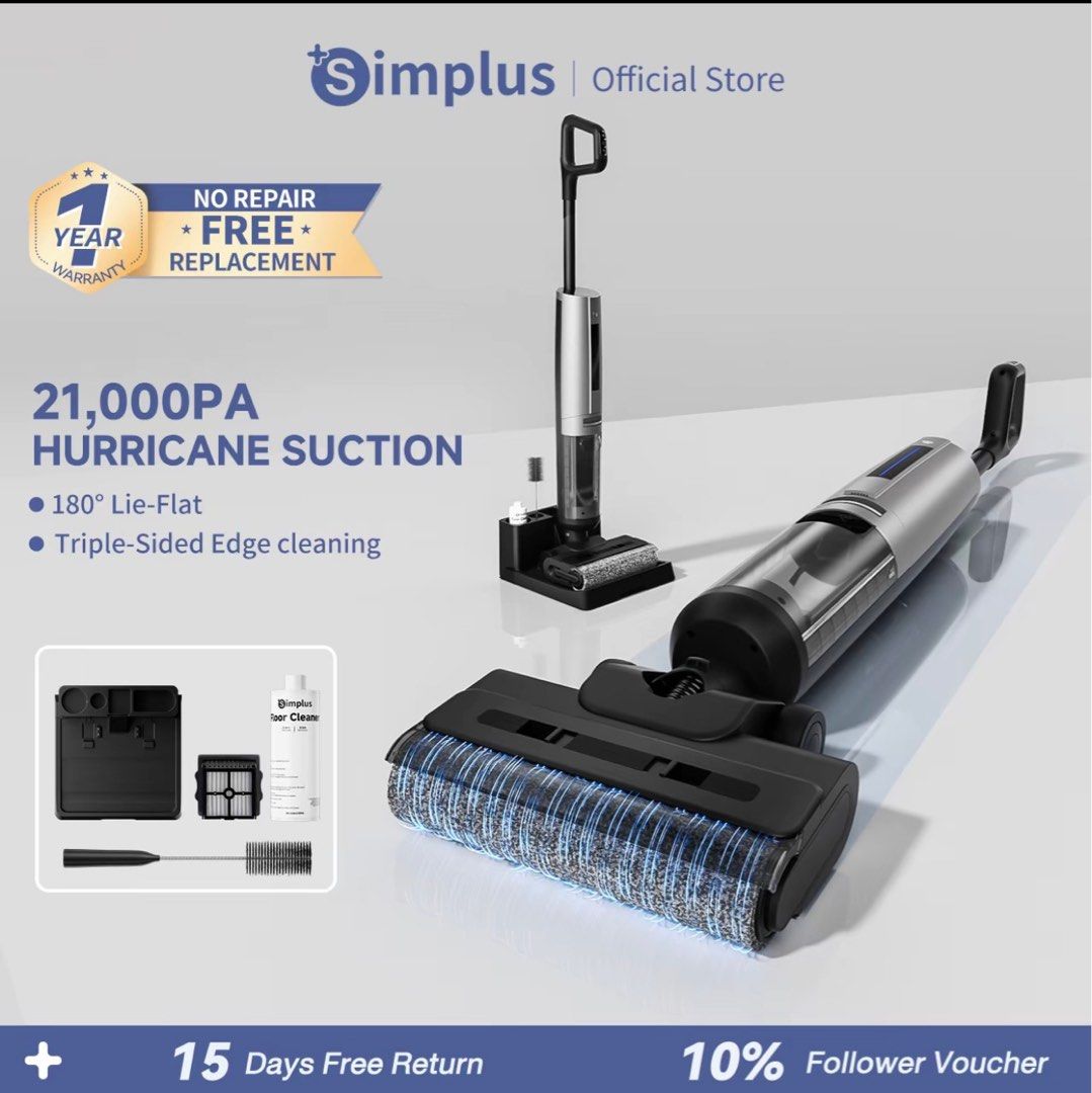 Simplus Wet & Dry Vacuum Cleaner | 180º Lie-Flat | 21,000Pa Hurricane ...
