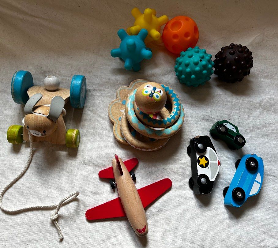 Wooden Toy Set - Airplane, Cars, Pull-Along Dog, Balls, Babies & Kids ...