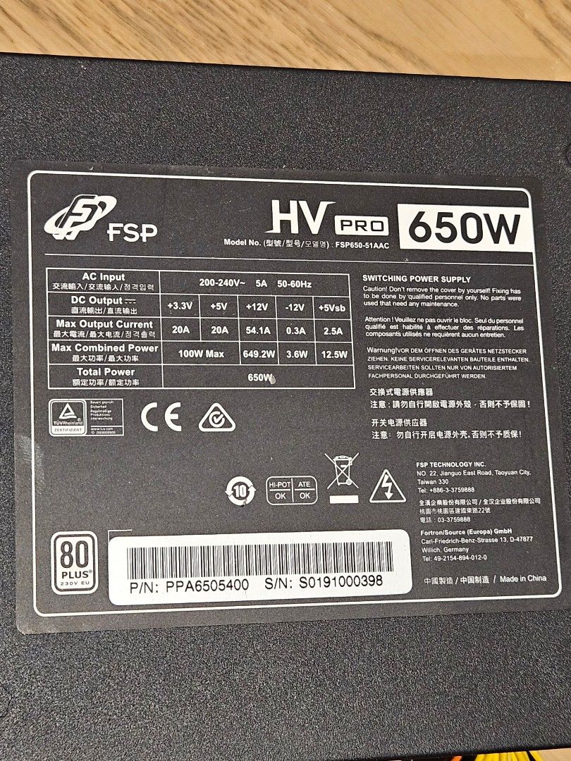 FSP HV Pro 650W Power Supply Unit PSU for Desktop PC, Computers & Tech ...