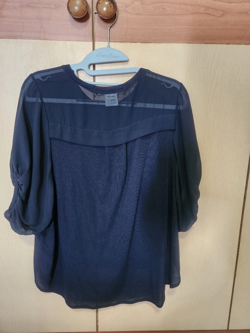 Navy Blue Sheer Top, Women's Fashion, Tops, Blouses on Carousell
