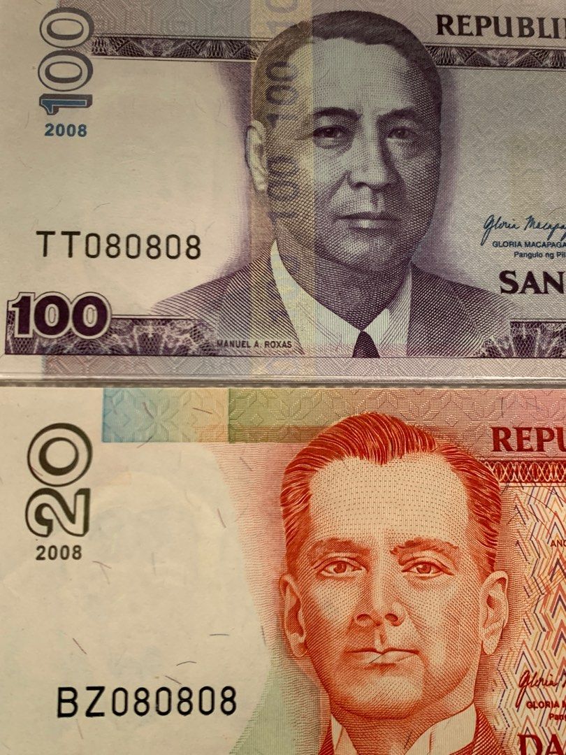 PHILIPPINES 🇵🇭 20 & 💯 PESOS LUCKY numbers 080808 2pcs Set Banknote ...