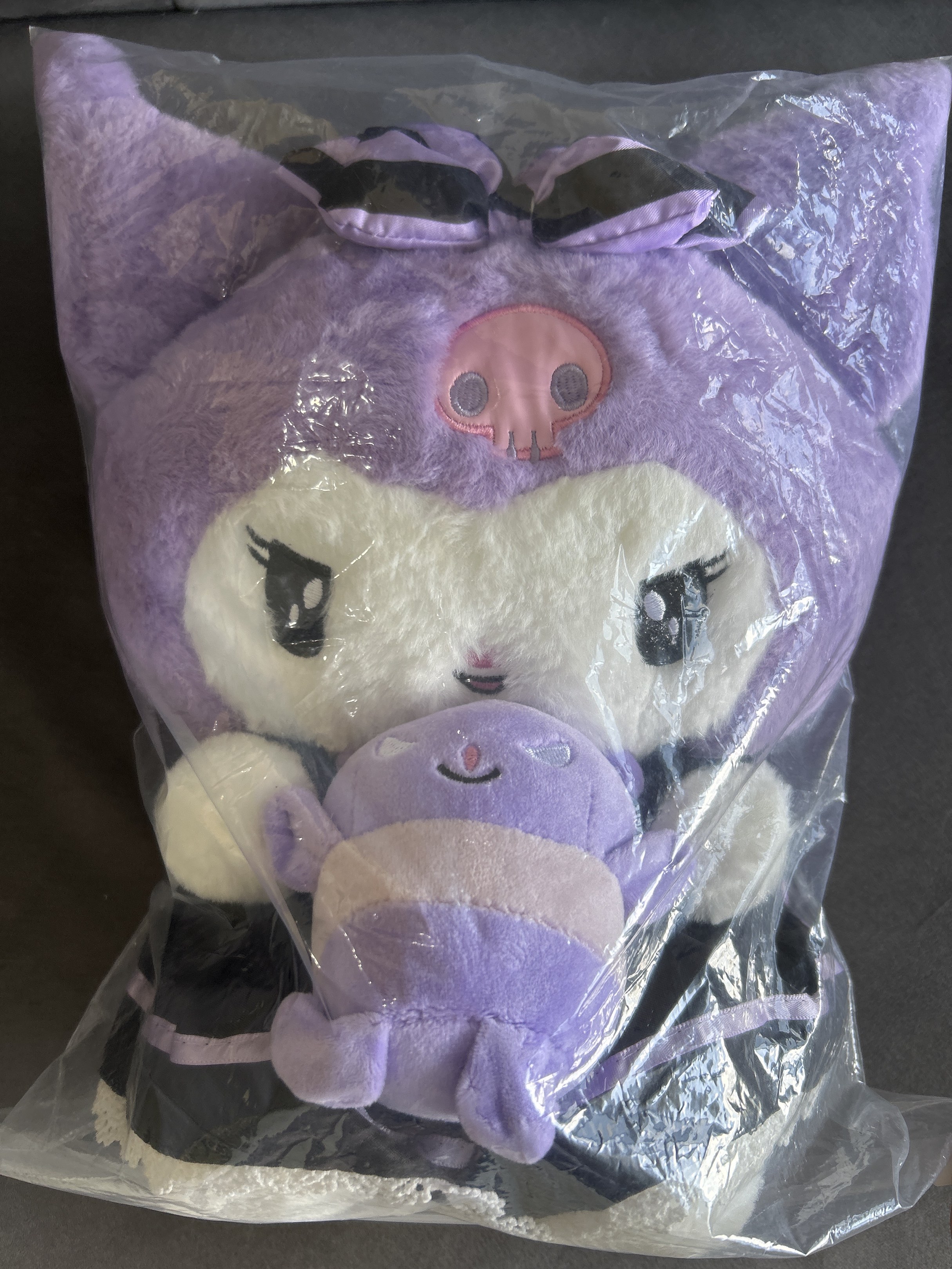 [33]Kuromi ribbon bow and black lace dress holding mini Baku Plushie ...