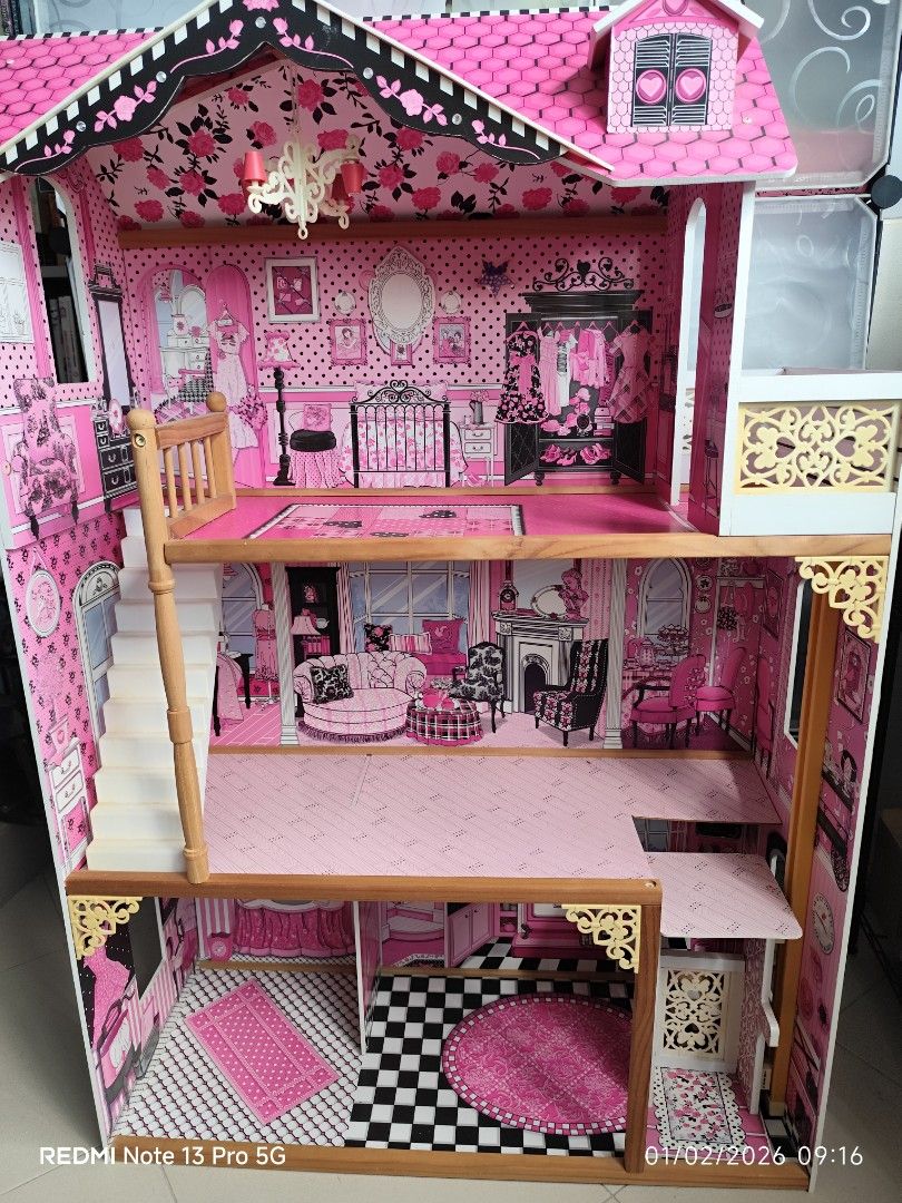 Pink Wooden Dollhouse with Accessories, Hobbies & Toys, Toys & Games on ...