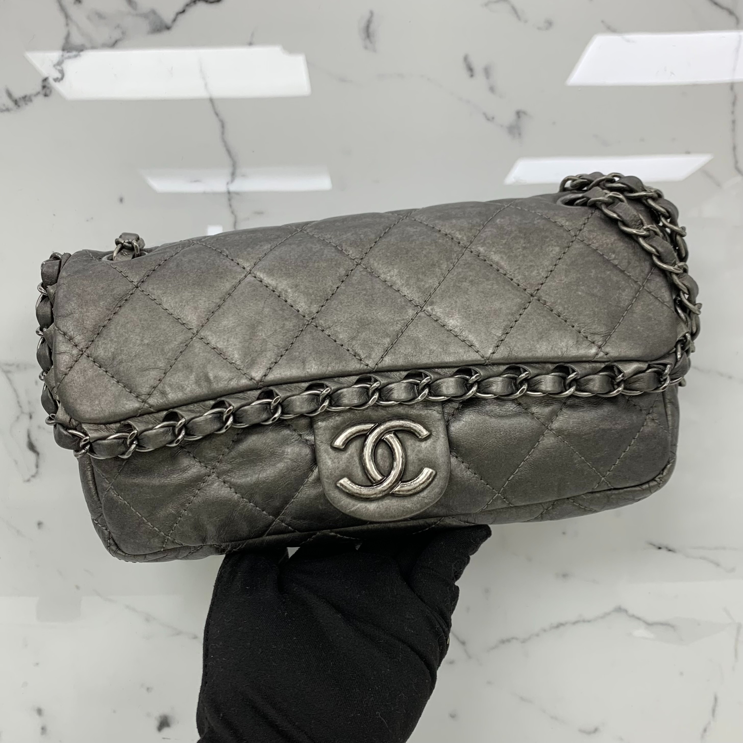 CHANEL NO.14 GREY CALF CHAIN AROUND SINGLE FLAP CALF 24CM WITH CARD ...