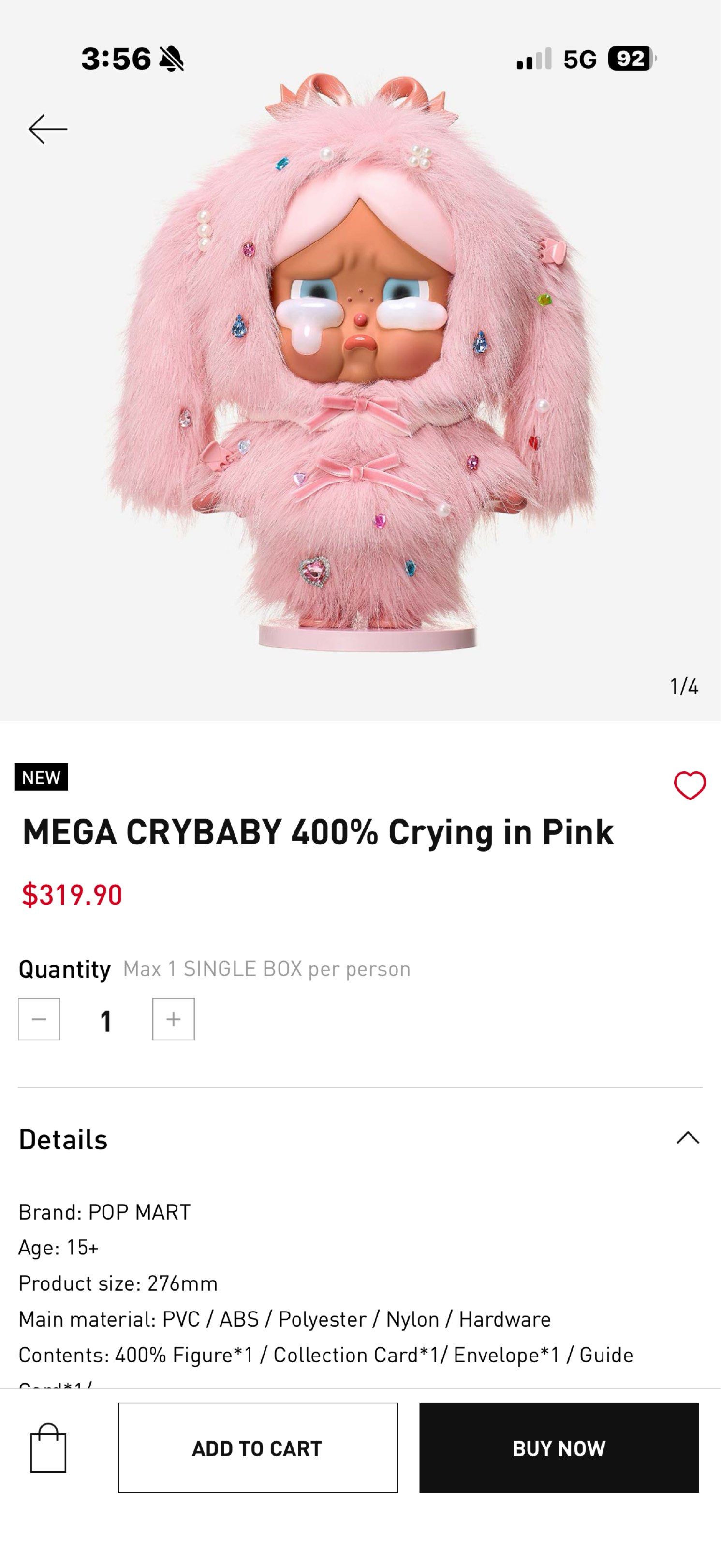POP MART MEGA CRYBABY 400% Crying in Pink, Hobbies & Toys, Toys & Games ...