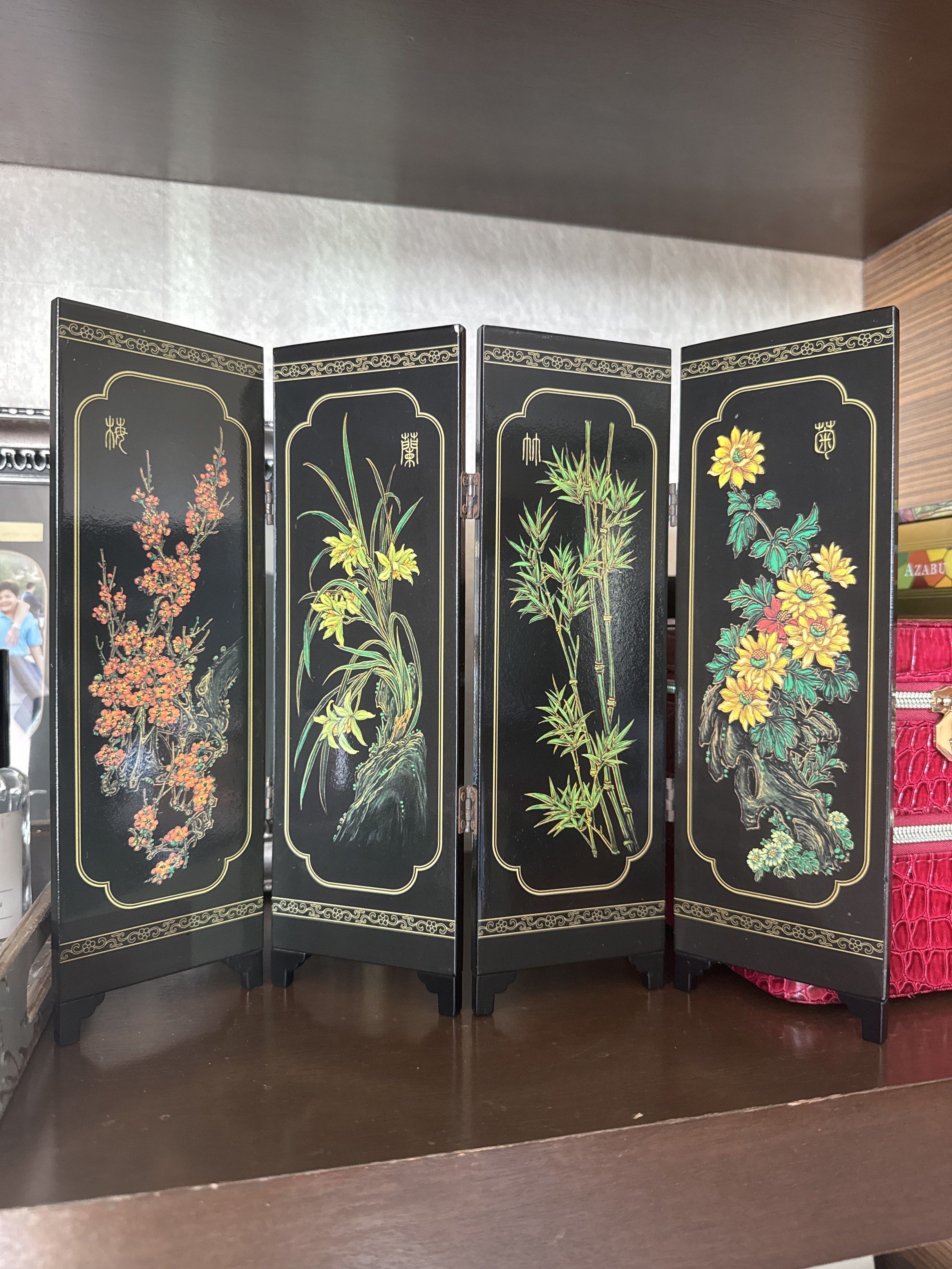 Vintage Chinese Folding Screen - Mume, Orchid, Bamboo, Compositae ...