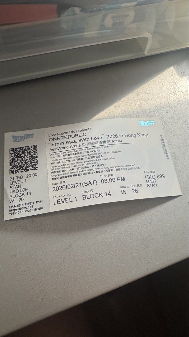 ONEREPUBLIC Concert Ticket - AsiaWorld-Arena, 門票＆禮券, 活動門票 - Carousell