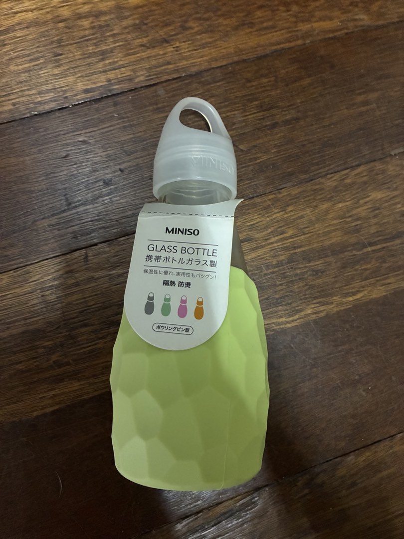 Miniso water jug Glass Bottle with green boot, Furniture & Home Living ...