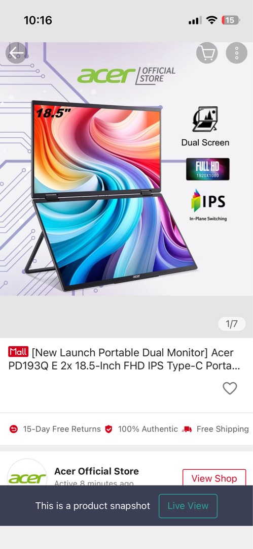 Acer Portable Dual Monitor-Acer PD193Q E 2x 18.5-Inch FHD IPS Type-C ...