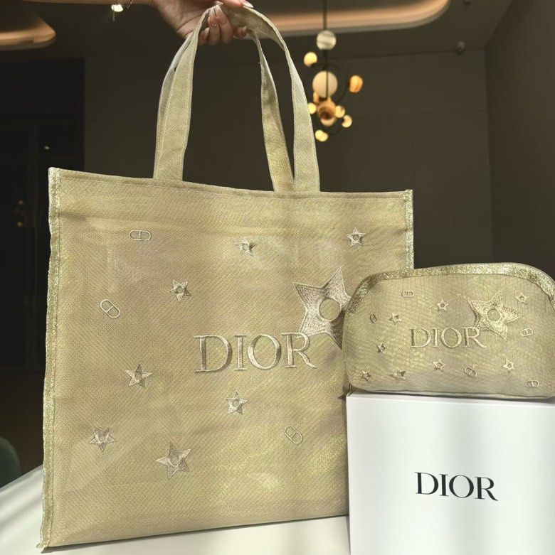 (FREE NEXT DAY DELIVERY) Dior Mesh Tote Bag / Pouch in Gold Star ...