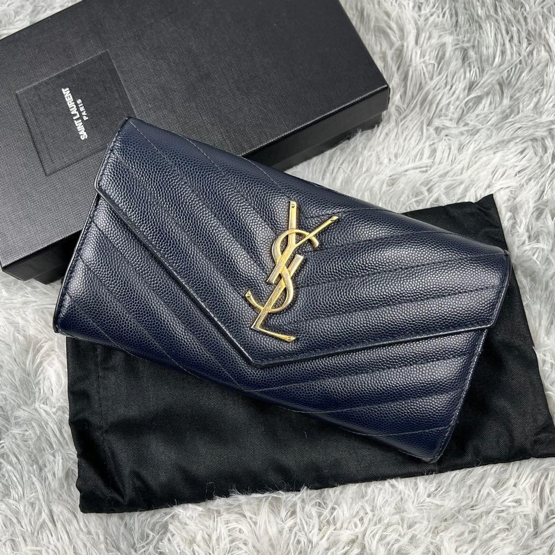 SAINT LAURENT YSL Long Wallet Caviar Skin Quilted Navy 11x19x2cm Auth ...