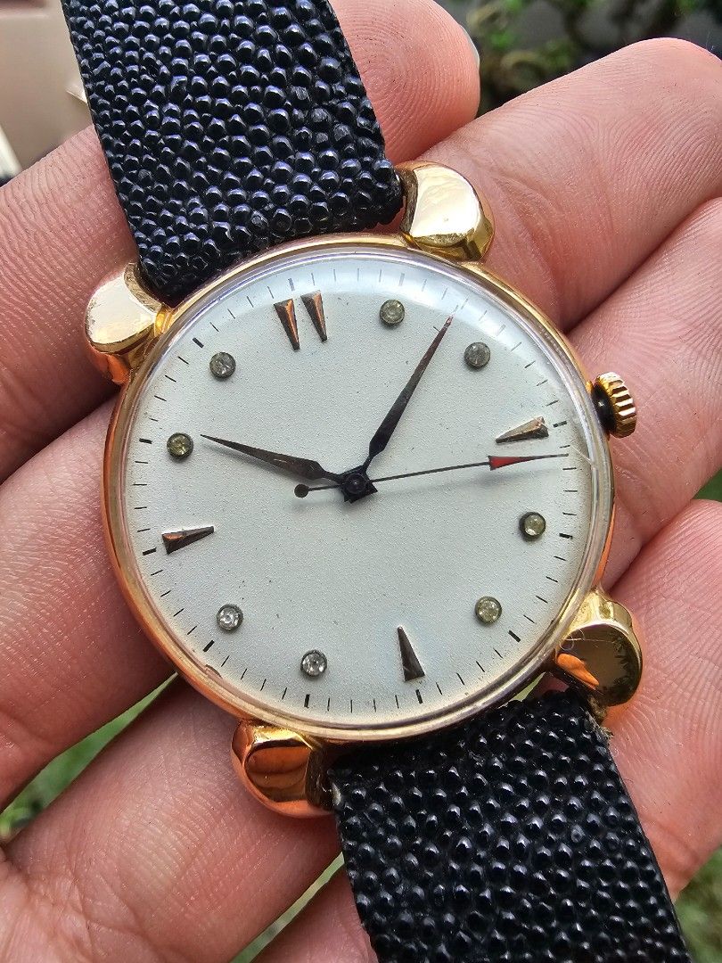 OVERSIZE 18K solid gold 750 fancy horn lug diamond dial alpha/lance ...