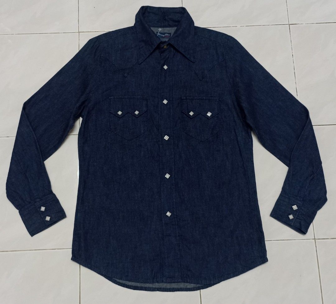 Vintage Western Primary Blue Men Denim Shirt Size S/M Made in Japan as ...