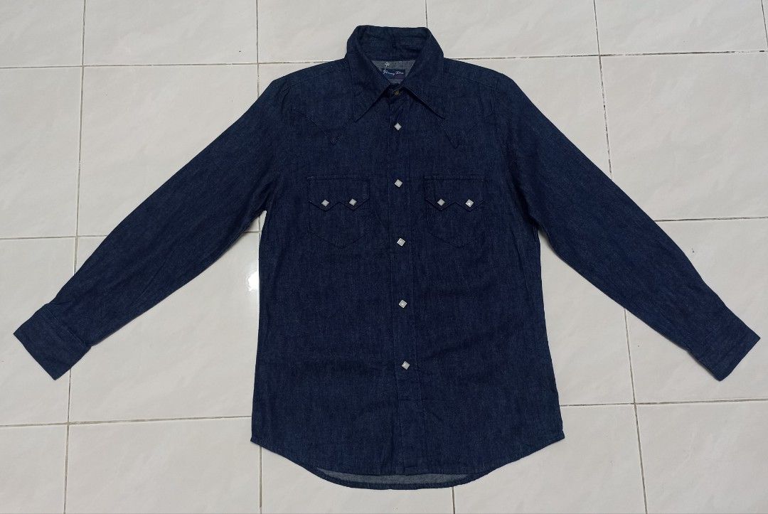 Vintage Western Primary Blue Men Denim Shirt Size S/M Made in Japan as ...