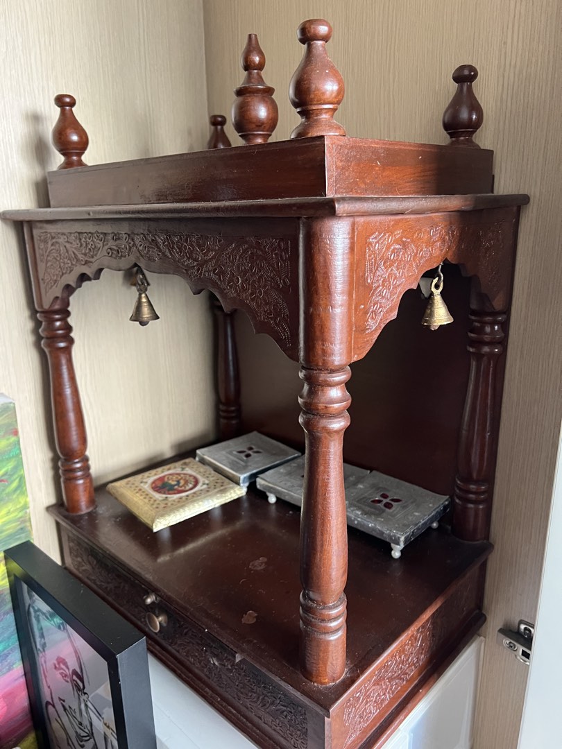 Hand-Carved Wooden Pooja Mandir with Bells, Furniture & Home Living ...