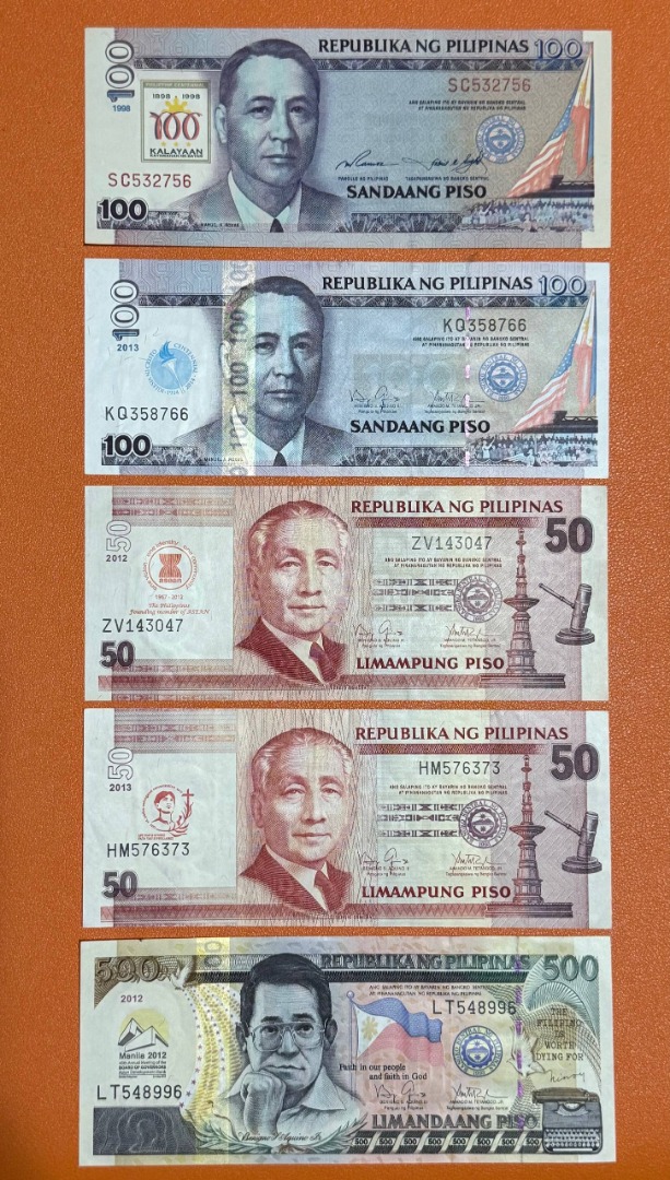 [SET OF 5] Philippine Peso NDS Commemorative Overprint Banknotes 50 100 ...