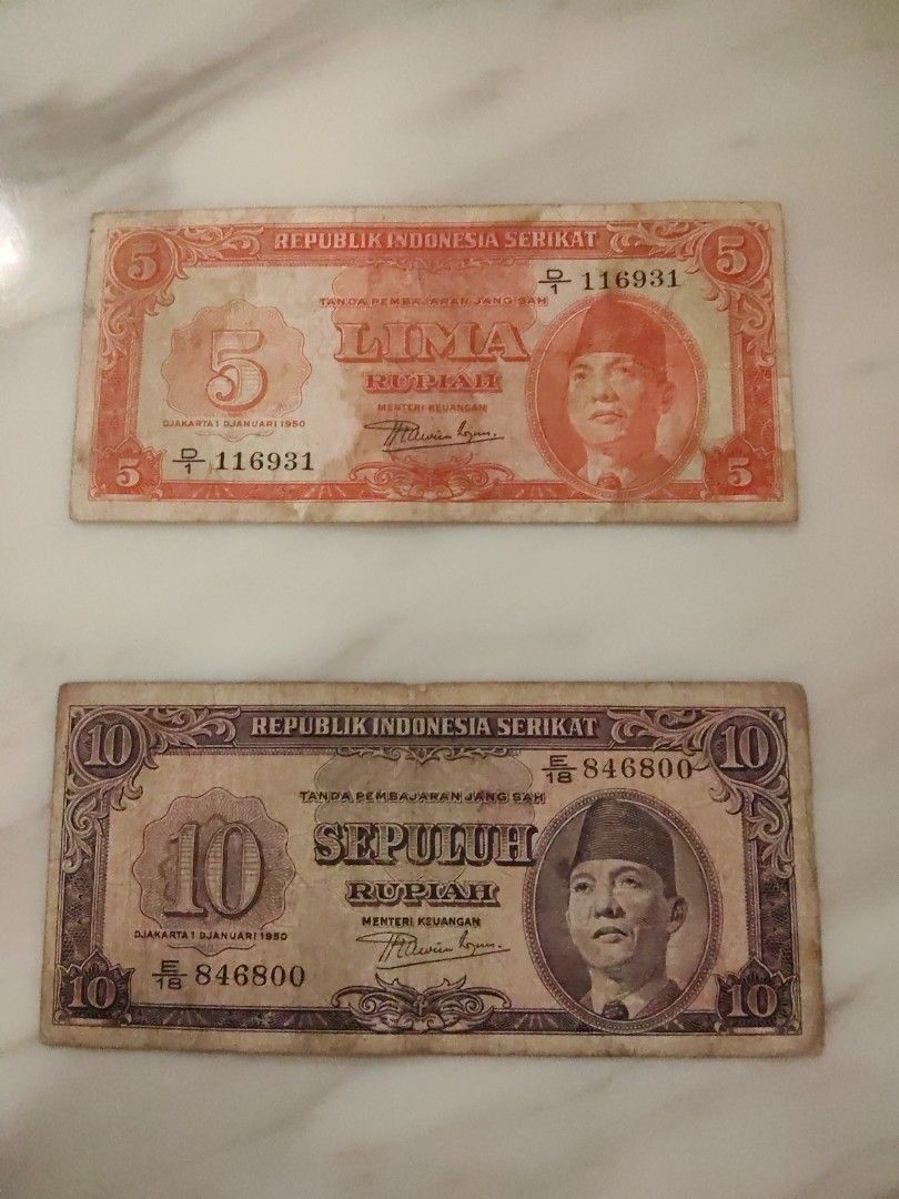 1950 Indonesia 5 and 10 Soekarno notes, Hobbies & Toys, Memorabilia ...