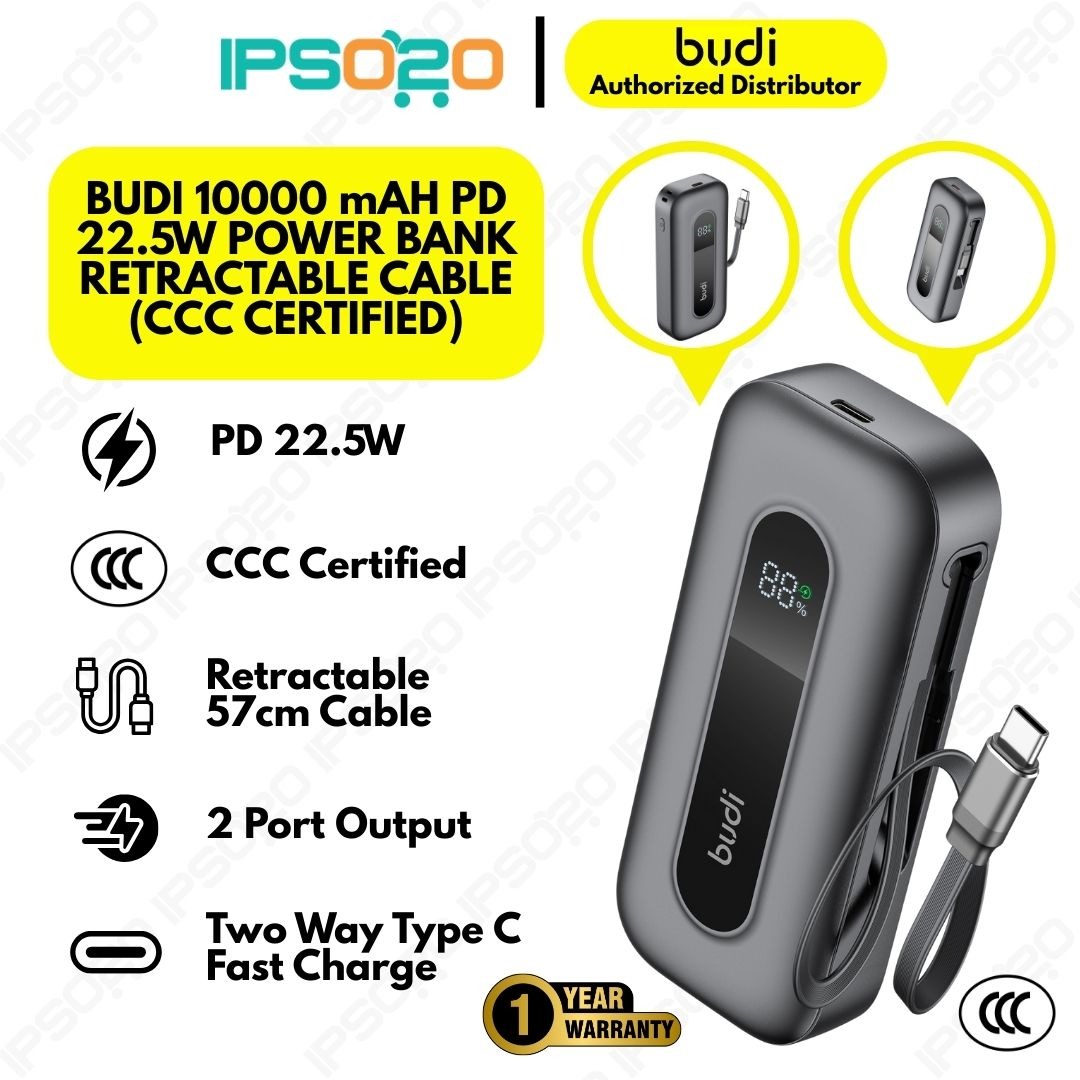 3C CCC Certified BUDI 10000 mAH PD 22.5W POWER BANK RETRACTABLE CABLE ...